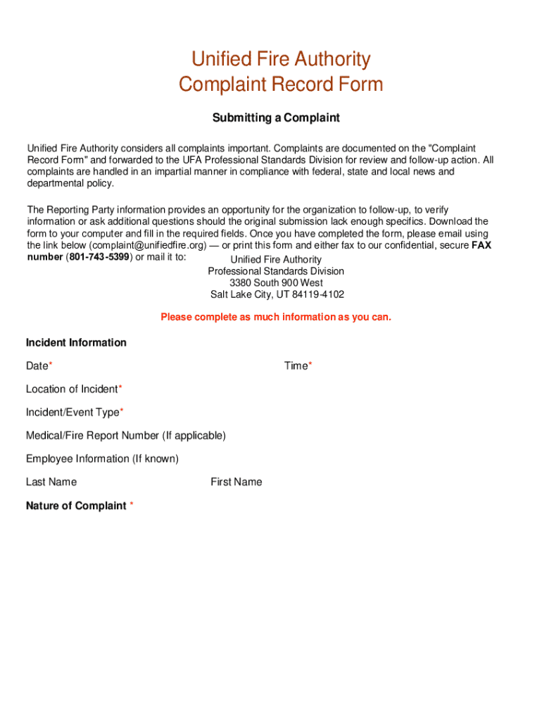 Fillable Online Unified Fire Authority Complaint Record Fax Email Print ...