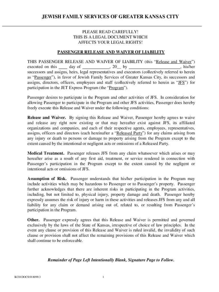 Fillable Online Release and Waiver of Liability for Jet Express Program ...