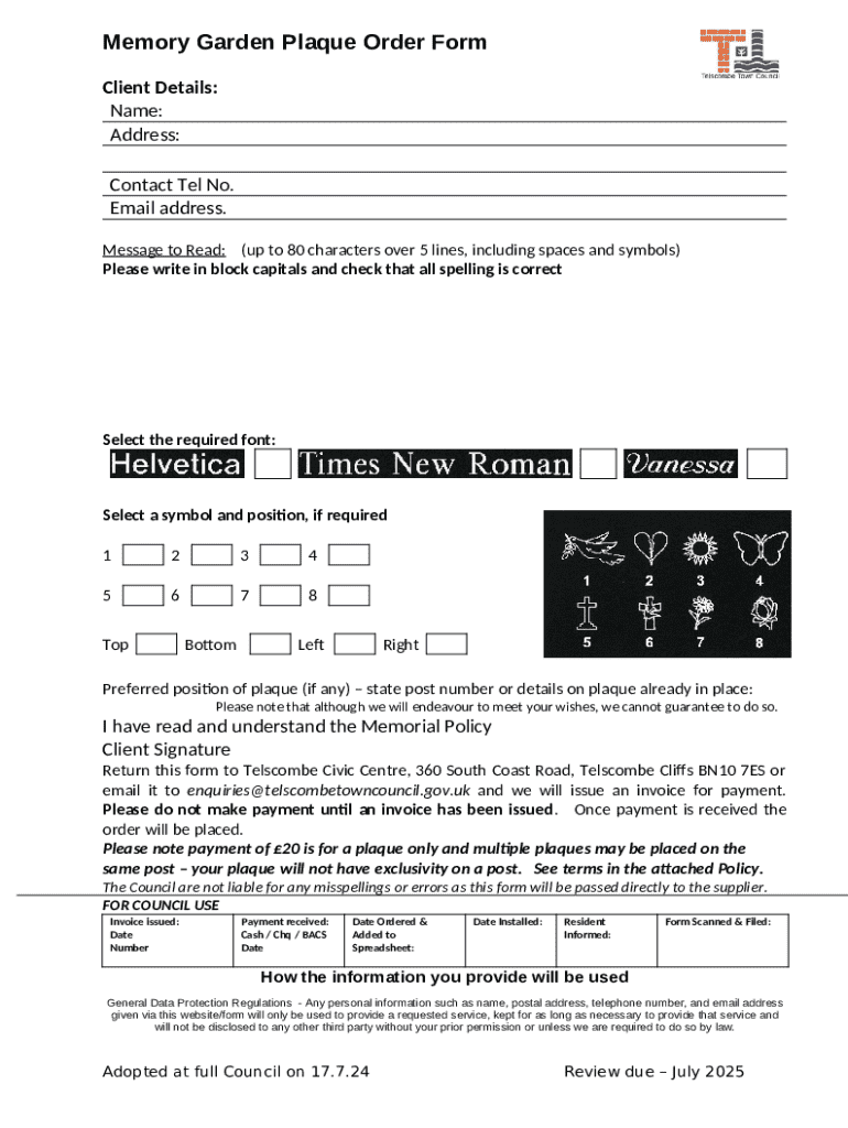 Memory Garden Plaque Order Client Details Doc Template | pdfFiller