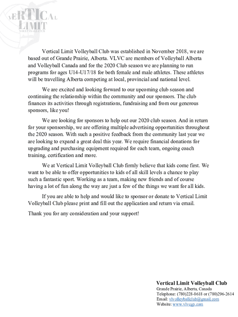 Fillable Online Vertical Limit Volleyball Club Vertical Limit ...