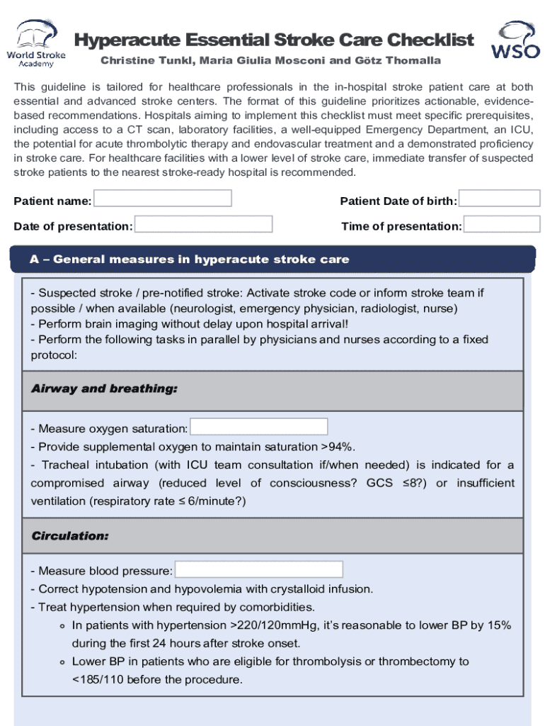 Fillable Online Hyperacute Essential Stroke Care Checklist Fax Email ...
