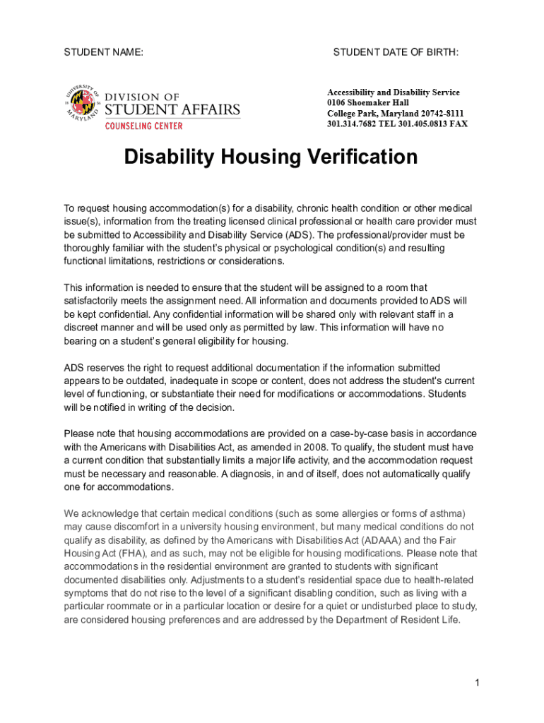 Fillable Online Verification of Disability FOrm - Housing & Residence ...