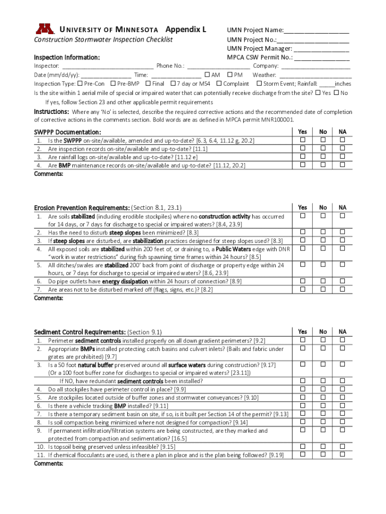 Fillable Online University of Minnesota Construction Stormwater ...
