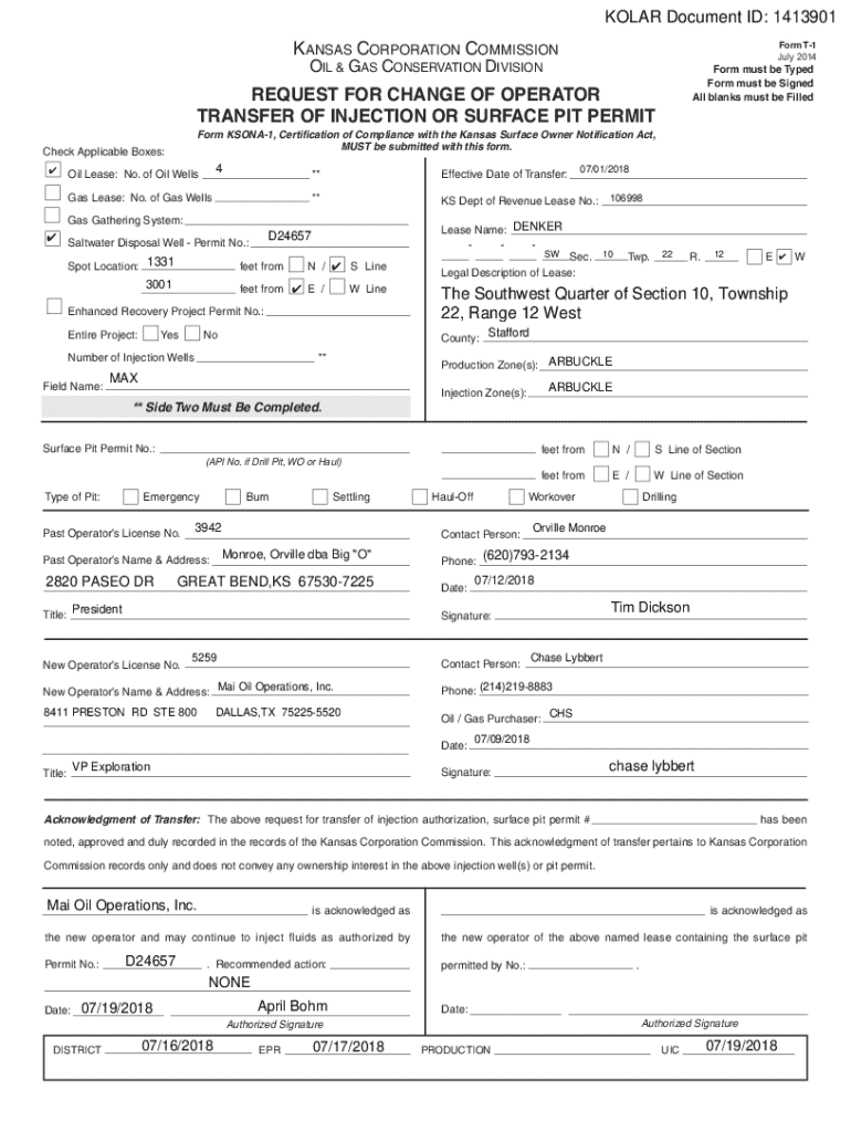 Fillable Online Request for Change of Operator Transfer of Injection or ...