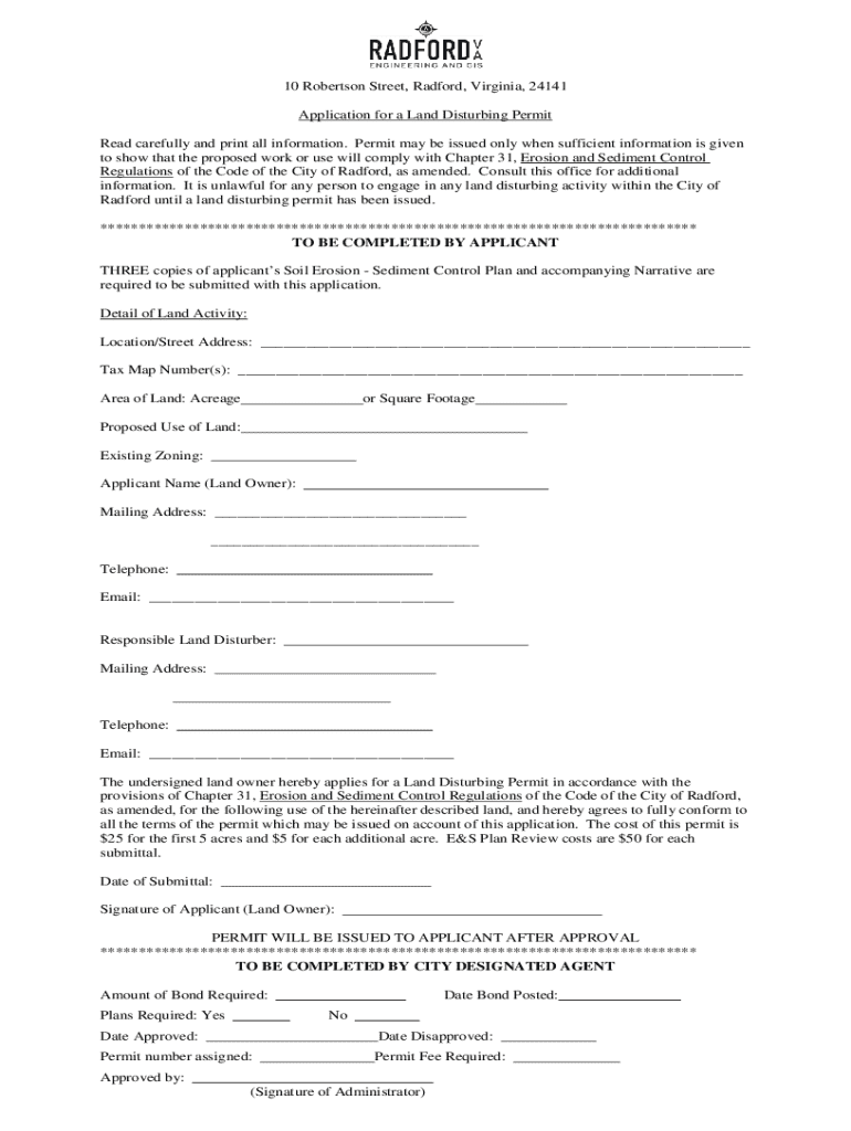 Application for permit for a land disturbing activity: Fill out & sign ...