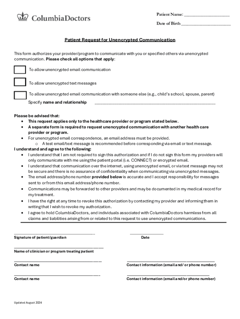 Fillable Online Patient Request for Unencrypted Email Communication Fax ...