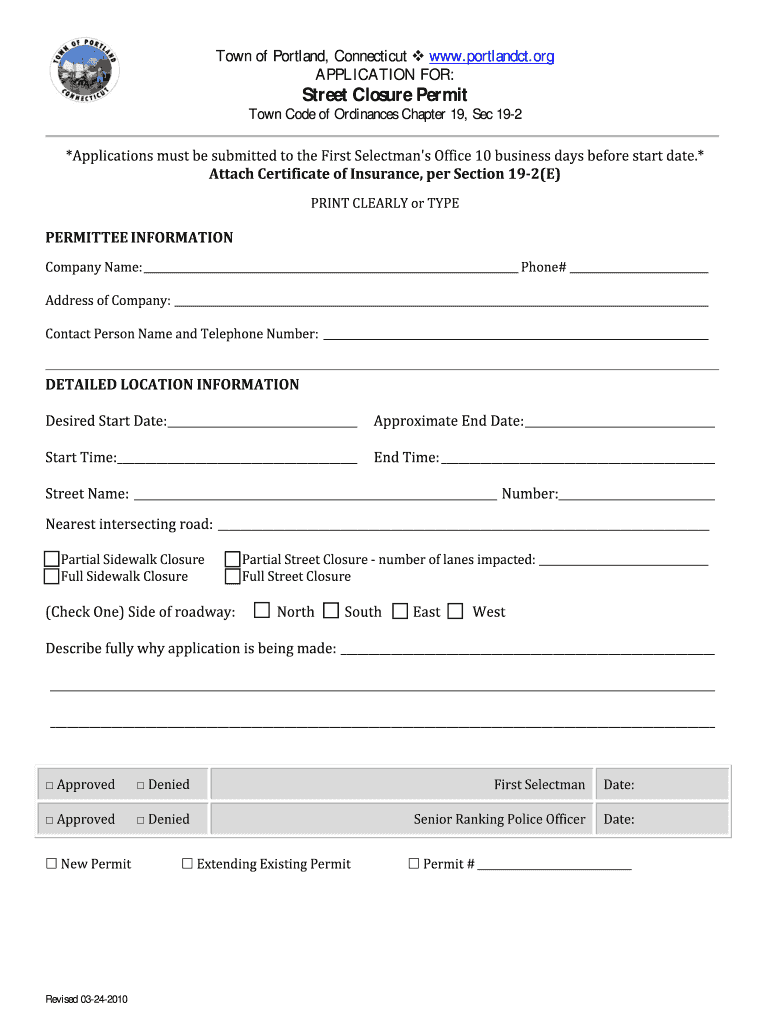 Fillable Online portlandct Application: Street Closure Permit - Town of ...