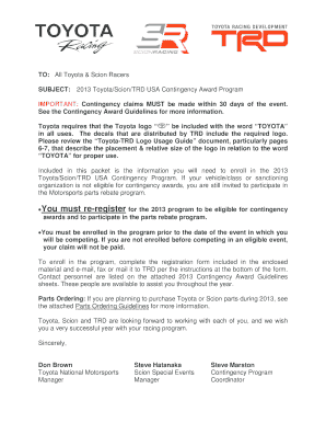 Fillable Online Toyota/scion/trd usa 2013 contingency award claim form ...