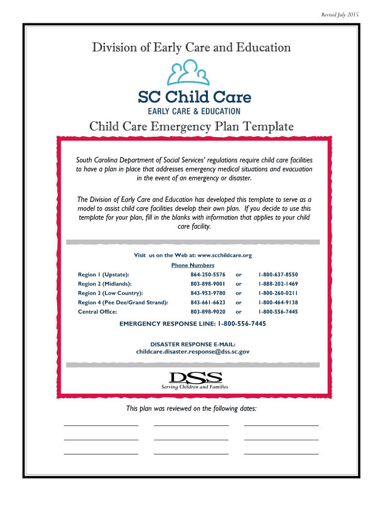 Sc Child Care Emergency Plan Template Fill Online Printable 