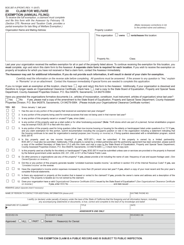 Fillable Online recorder co kern ca 20 claim for welfare exemption ...