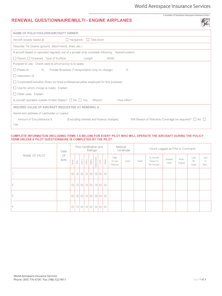 Fillable Online Renewal Questionnaire-Multi-engine Airplanes - World ...