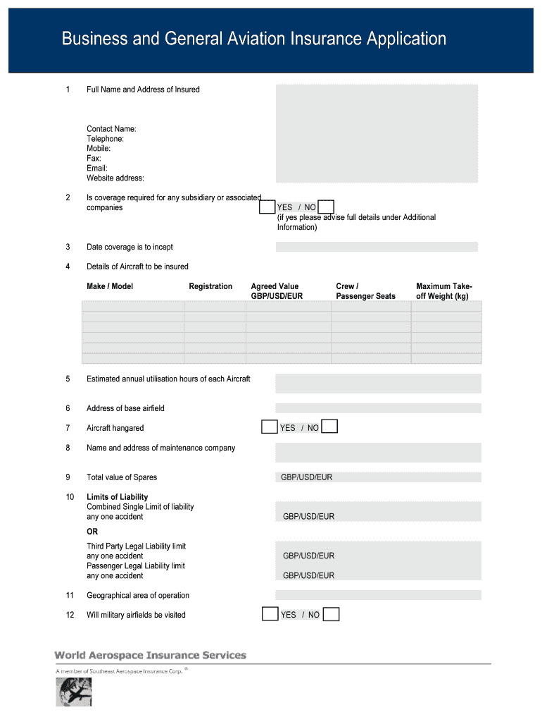 Fillable Online Business and General Aviation Insurance Application ...