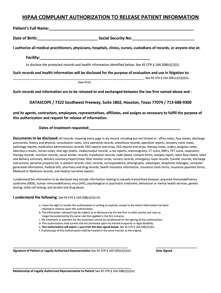 Fillable Online Houston HIPAA Compliant Authorization Form - Datascope ...
