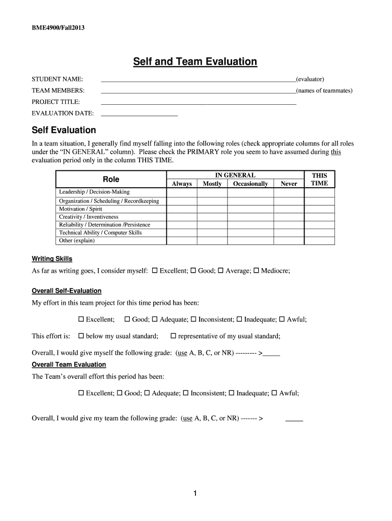 Fillable Online bme uconn Self and Team Evaluation Form - BME - bme uconn Fax Email Print ...