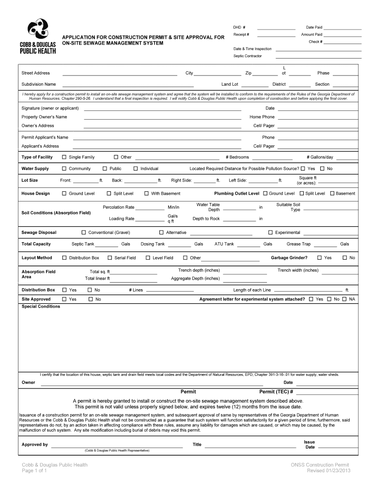 Fillable Online Construction Permit Application for a New On-Site ...
