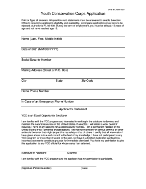 Fillable Online fws Youth Conservation Corps Application. YCC ...