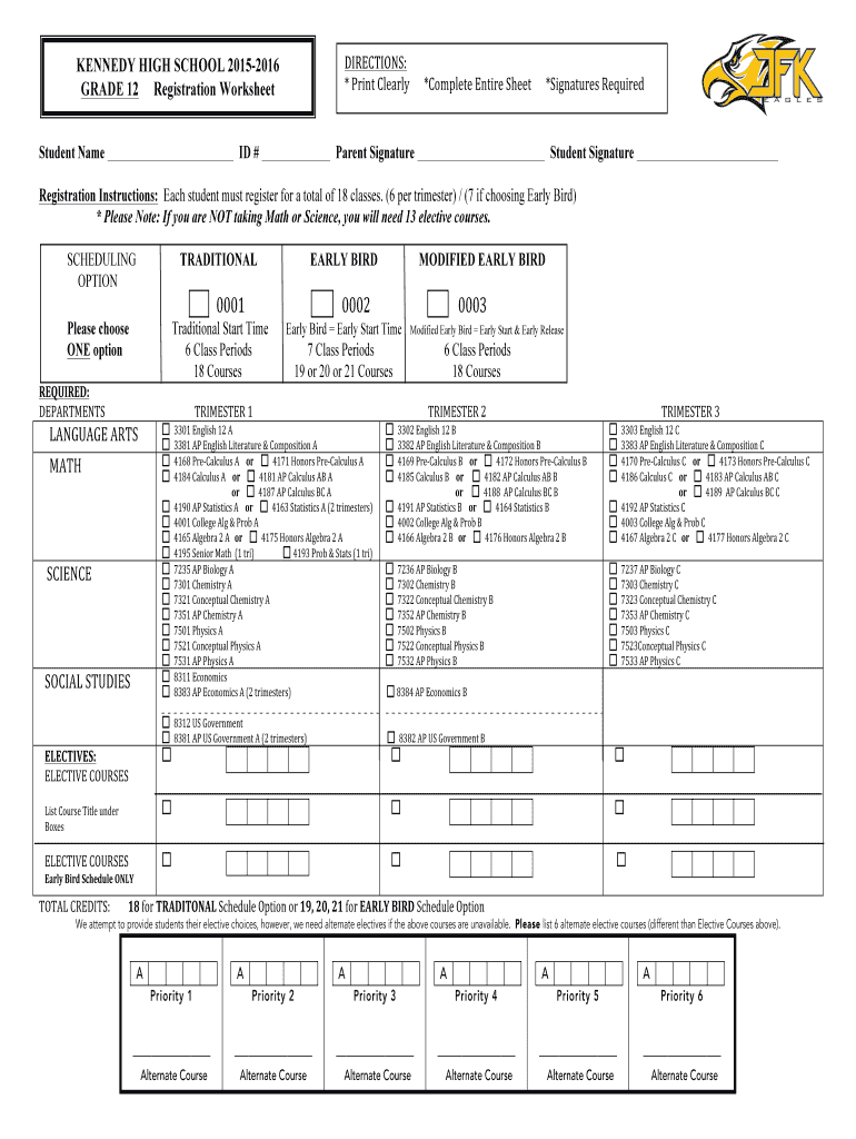 Fillable Online 12th Grade Registration Form - Kennedy High School Fax ...