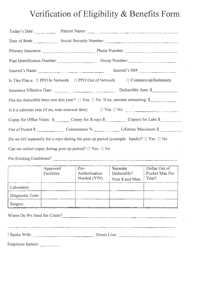 Fillable Online Verification ofEligibility & Benefits Form Fax Email ...