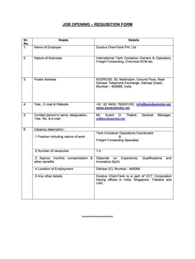 Fillable Online nmis JOB OPENING REQUISITION FORM - nmis Fax Email ...