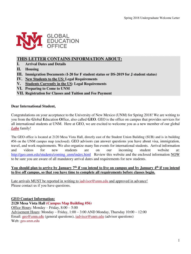 Fillable Online Spring 2018 Undergraduate Welcome Letter Fax Email ...