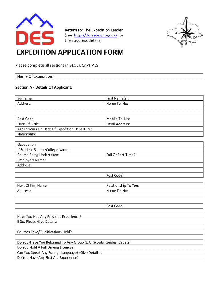 Fillable Online dorsetexp org EXPEDITION APPLICATION FORM Fax Email ...