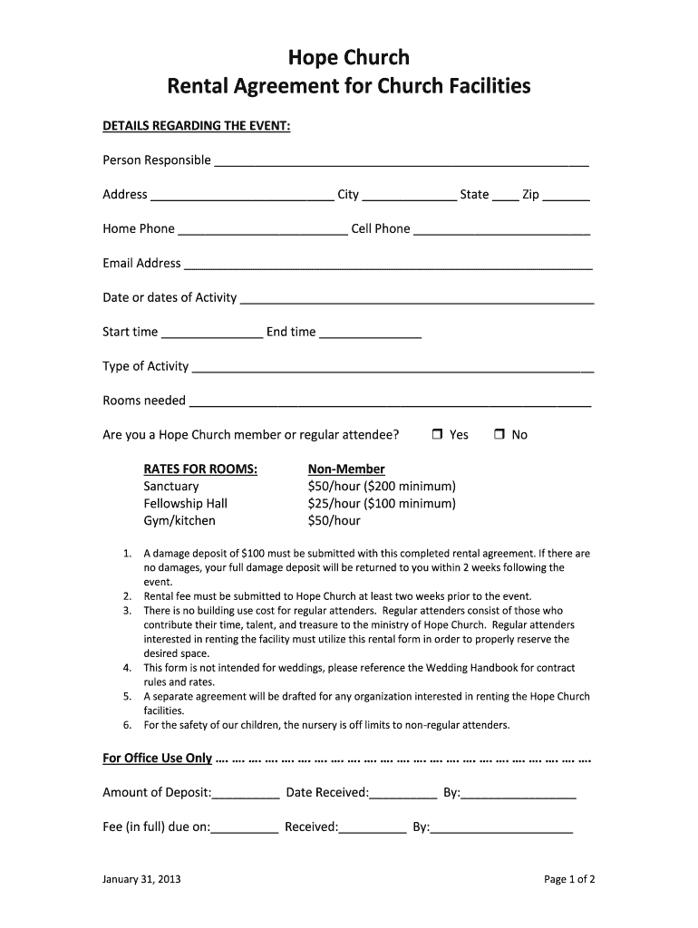 Fillable Online hopechurchcma Building Rental Agreement - Hope Church ...
