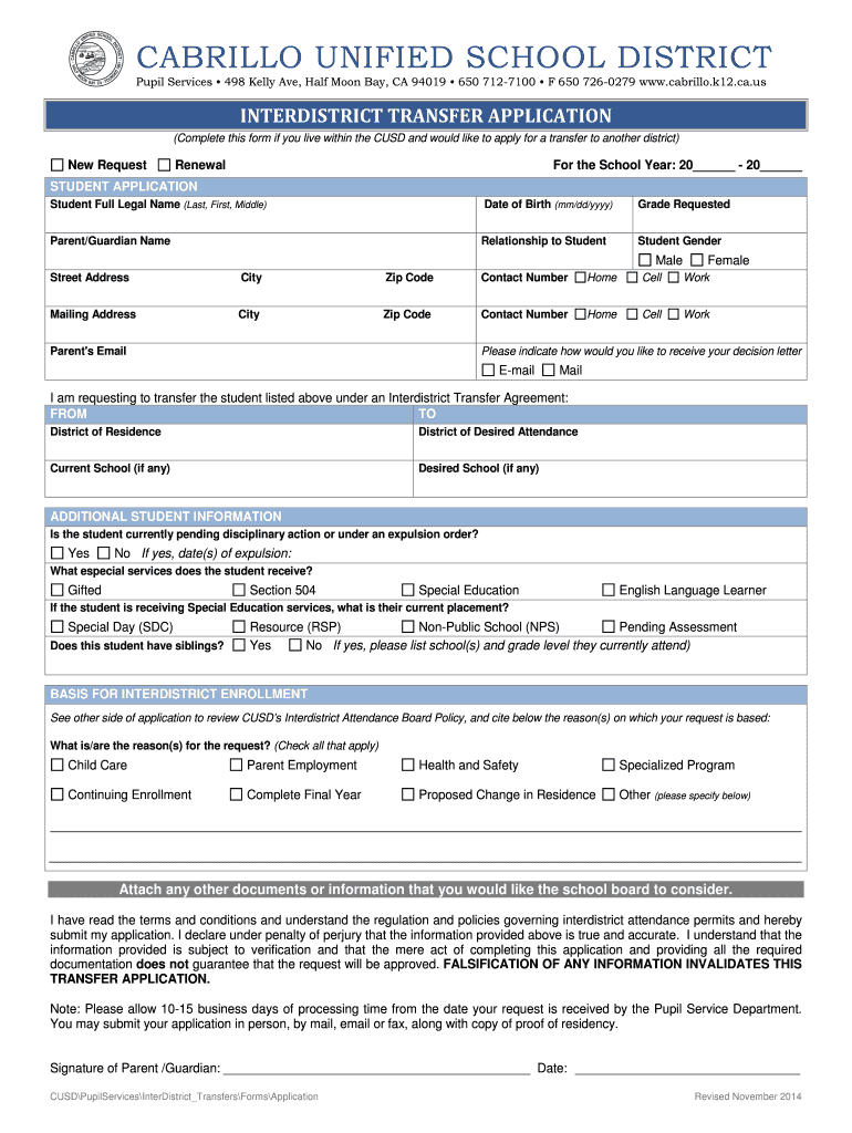 Fillable Online Interdistrict Transfer Application - Cabrillo Unified ...