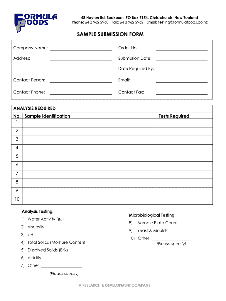 Fillable Online formulafoods co Sample Submission Form - Formula Foods - formulafoods co Fax ...