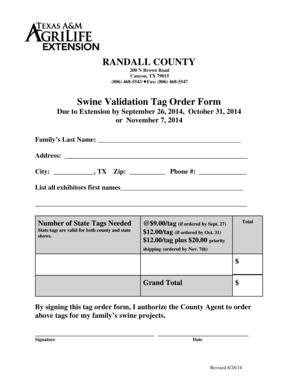 Fillable Online randall agrilife 14-15 Fall swine val tag order form ...