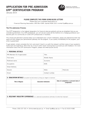 Fillable Online fpa asn Application for pre-admission cfp certification program - fpa asn Fax ...