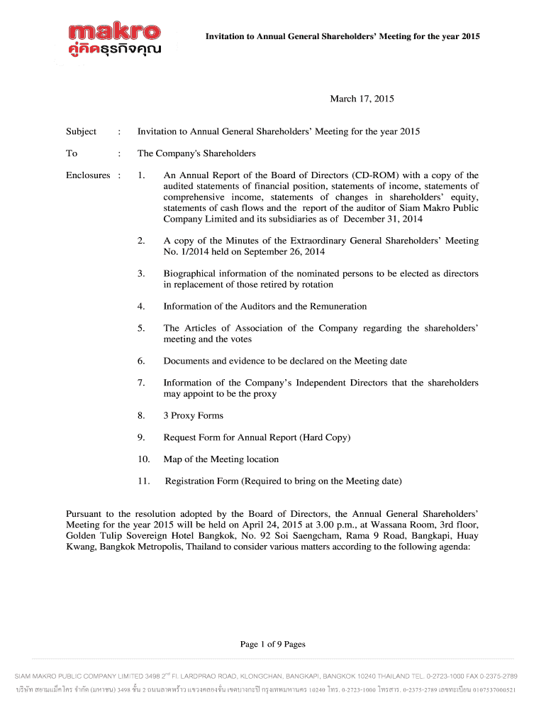 Fillable Online siammakro co Invitation to Annual General Shareholders ...