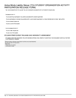 Fillable Online Active Minds Liability Waiver (TCU STUDENT ORGANIZATION ACTIVITY PARTICIPATION ...