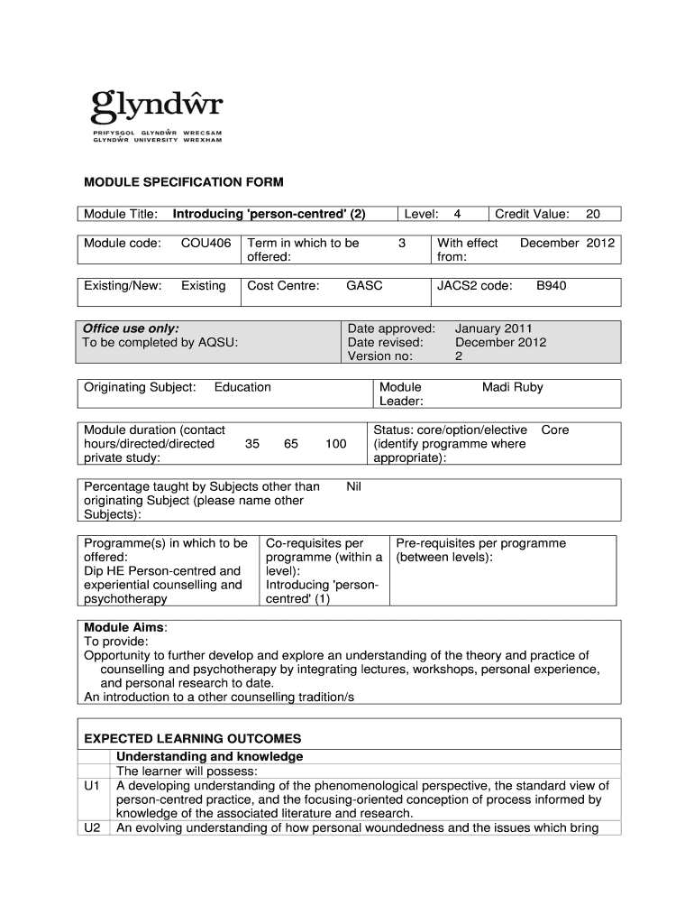 Fillable Online MODULE SPECIFICATION FORM Module Title: Introducing 'person ... Fax Email Print ...