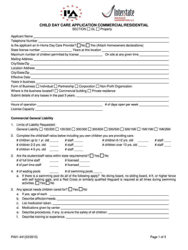 Fillable Online Child day care application commercial/residential ...