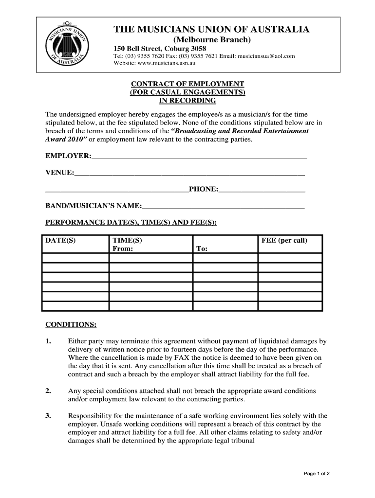 Fillable Online musicians asn Sound Recording Labor Agreement ...