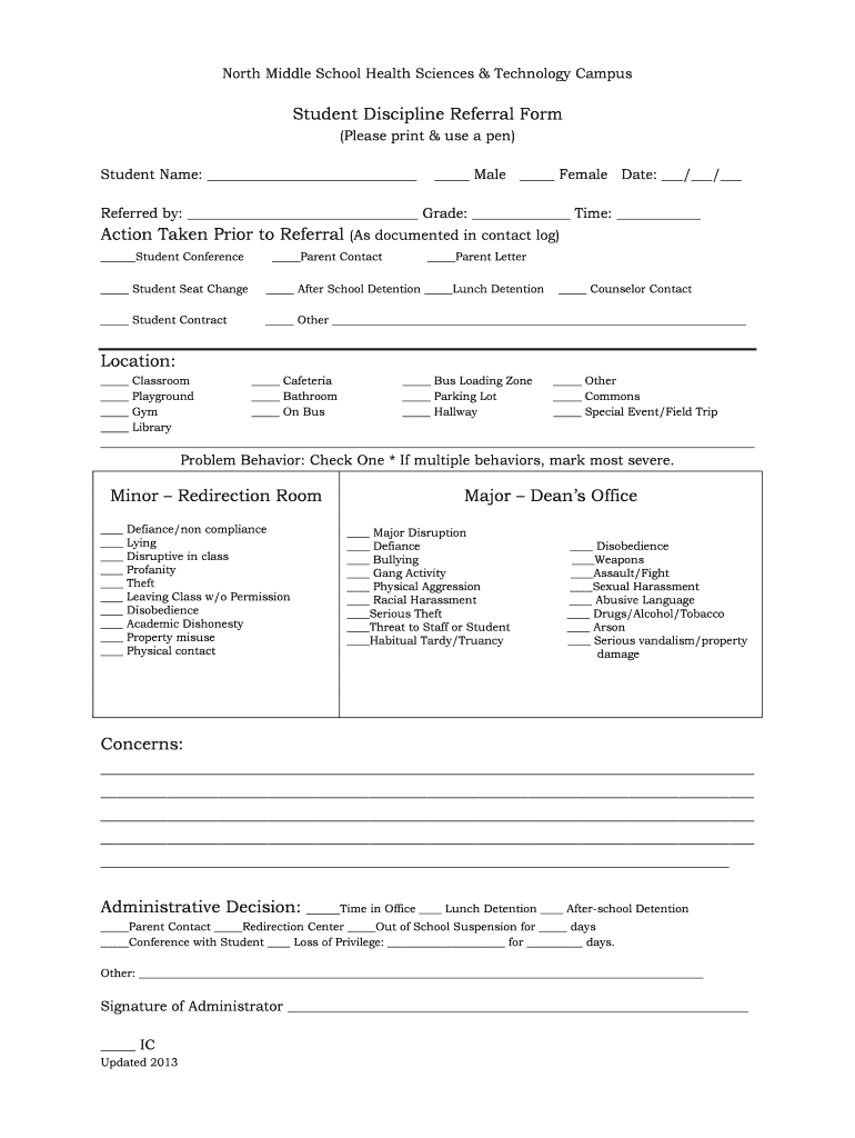 Fillable Online north aurorak12 Student Discipline Referral Form Action ...