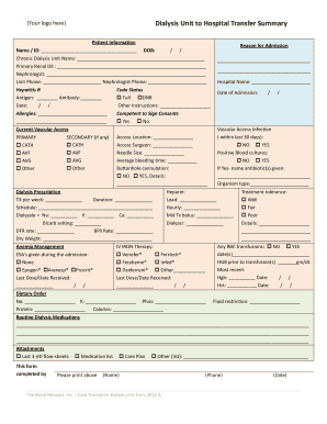 Fillable Online therenalnetwork Dialysis Unit to Hospital Transfer Summary - The Renal Network ...