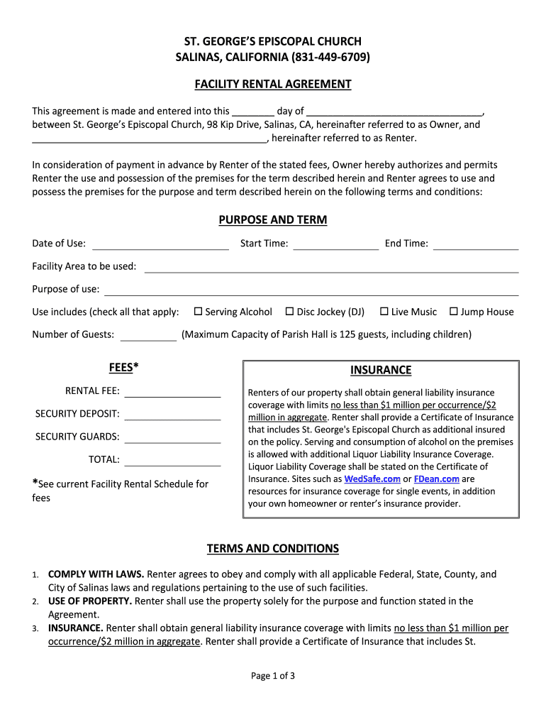 Fillable Online stgeorgessalinas Facility Rental Agreement - St. George ...