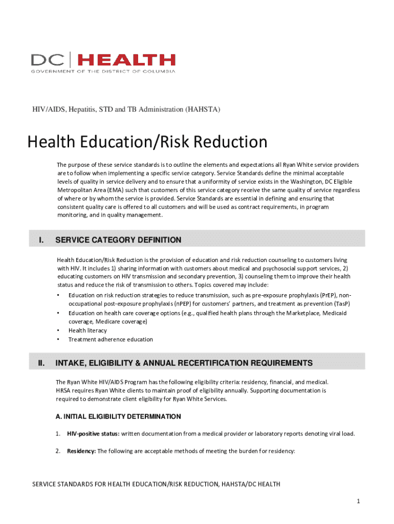 Fillable Online Service Standards for Health Education/risk Reduction ...