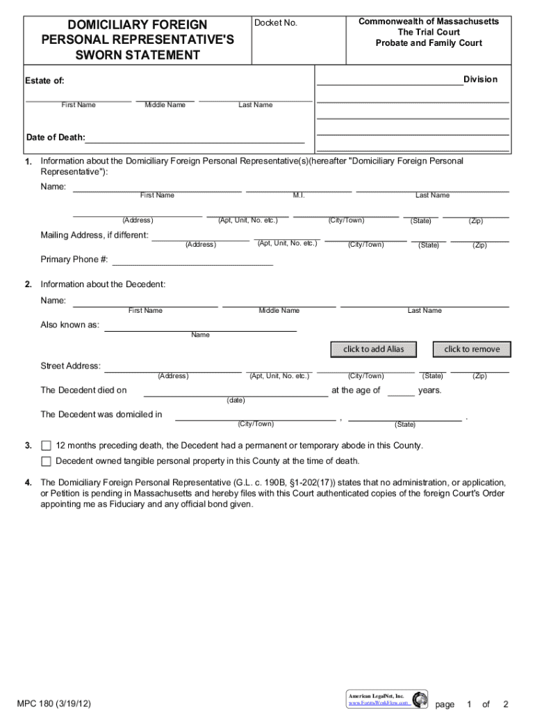 Fillable Online Domiciliary Foreign Personal Representative's Sworn ...