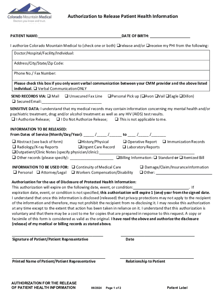Fillable Online Authorization for the Release of Patient Health ...