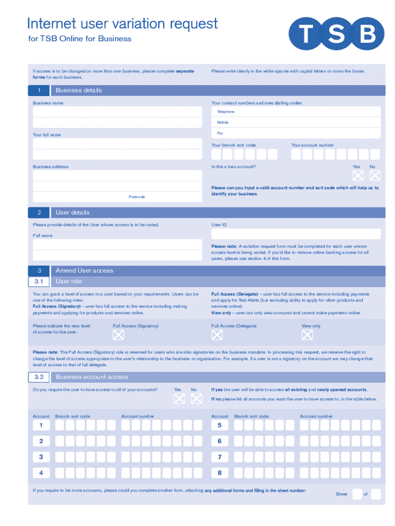 Fillable Online Variation Request for Tsb Online Business Access Fax ...