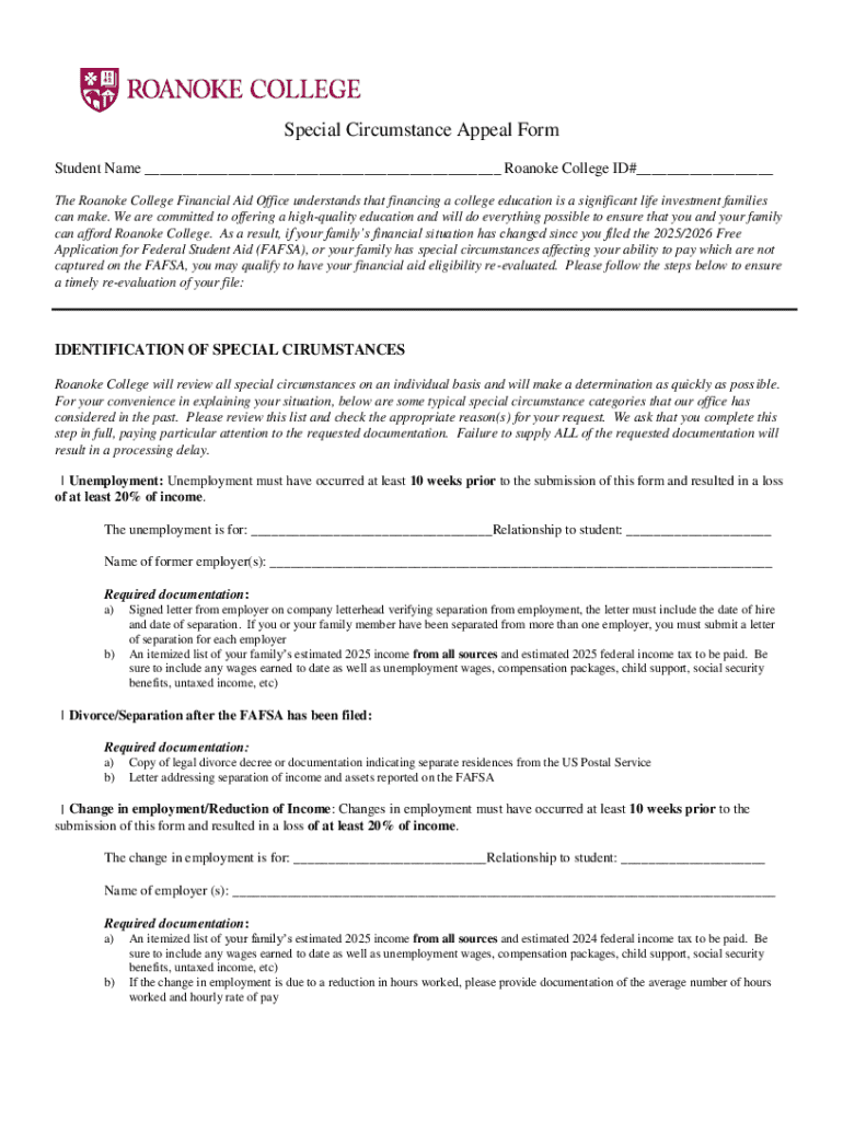 Fillable Online Special Circumstance Appeal Form for Financial Aid Fax Email Print - pdfFiller