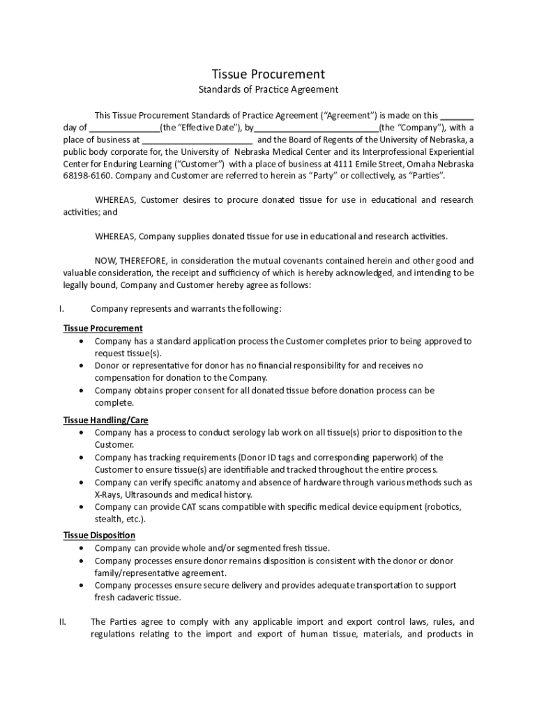 Fillable Online Tissue Procurement Standards of Practice Agreement Fax Email Print - pdfFiller