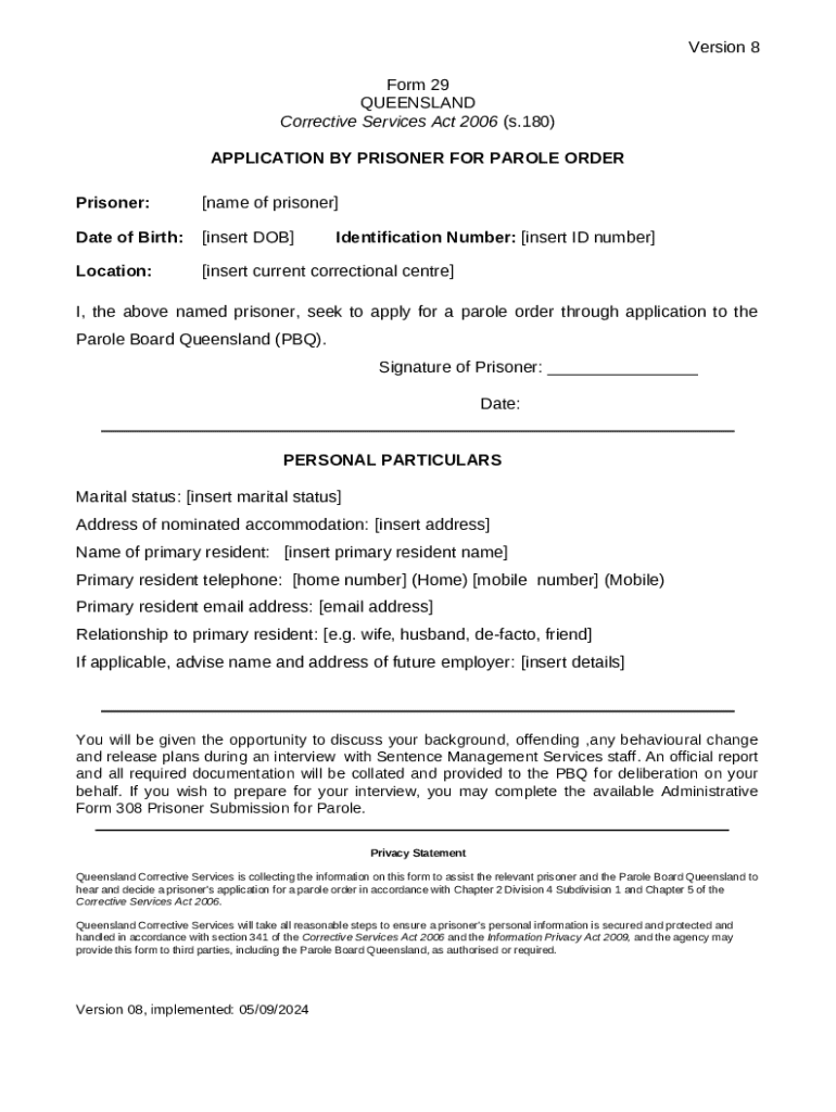 29 application by prisoner for parole order Doc Template | pdfFiller