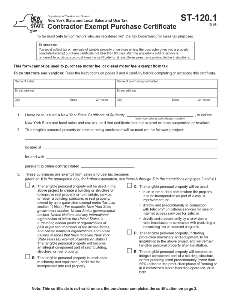 Form ST-120 1 Contractor Exempt Purchase Certificate Revised 5 24: Fill ...