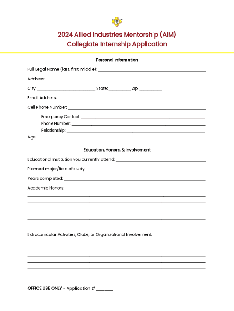 Fillable Online 2024 Allied Industries Mentorship (aim) Collegiate ...