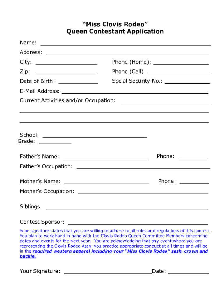 Fillable Online Fillable Online Miss Clovis Rodeo Queen Contest Rules ...
