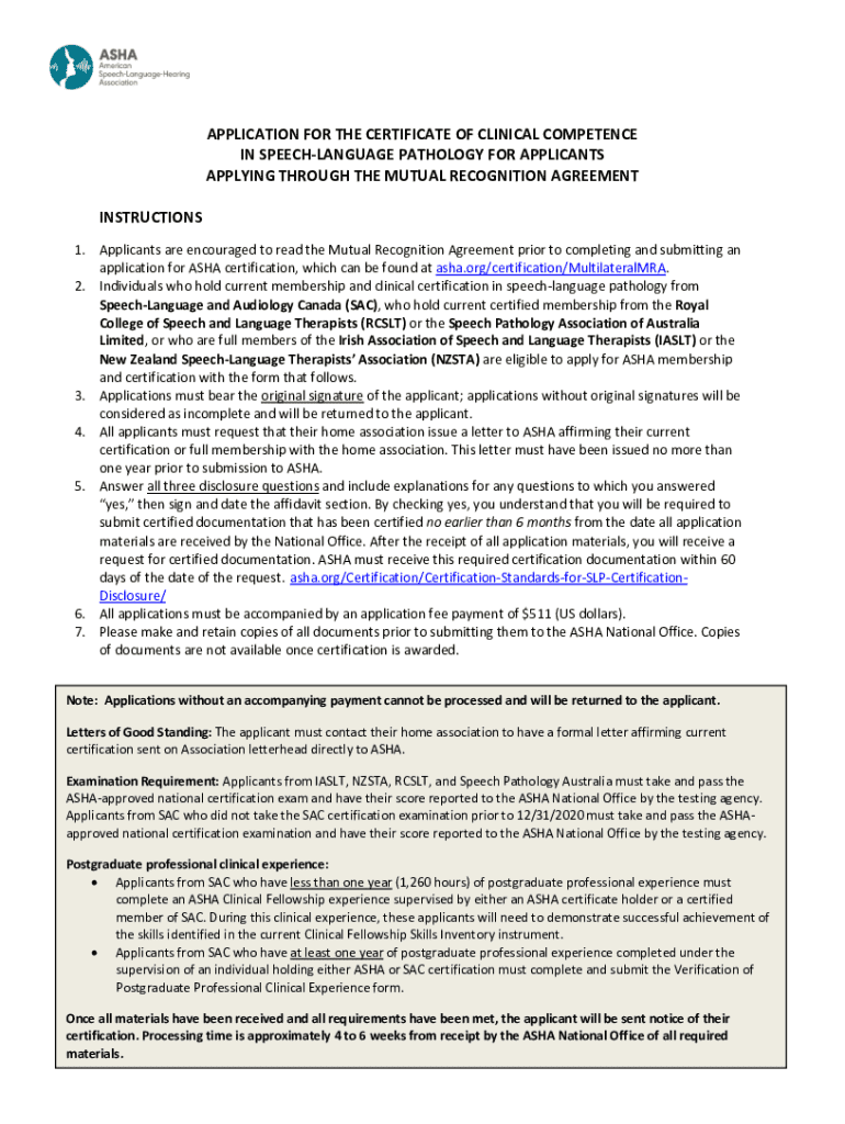 Fillable Online Fillable Online asha Application for the Certificate of ...