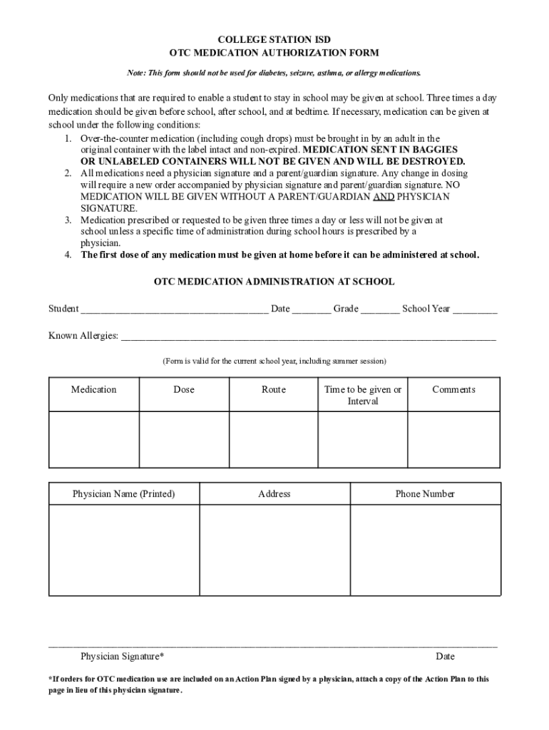 Fillable Online college station isd medication authorization form Fax ...